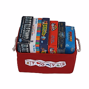 Toy Storage Basket Bin for Organizing Baby, Kids, Dog Toys, Children Books. Red Canvas Box Organizer w/Attractive White Patch for Playroom, Nursery