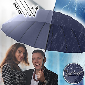 Royal Walk Large Umbrella for 2 Persons, Navy Blue, 54 Inch, Windproof, Auto Open, Wooden Handle, Drying, Strong 16 Ribs, Travel 120cm