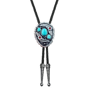 QUKE Blue Natural Turquoise Flower Pattern Bolo Tie Western Cowboy Vintage Handmade Genunie Leather