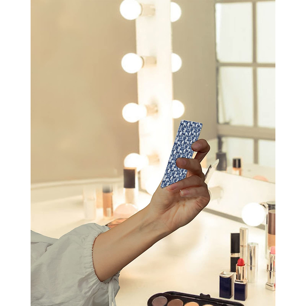 Carosoffe Blue White Small Compact Mirror for Purse, Geometric Abstract Art Retro Linen Texture Travel Makeup Mirror for Women Men, Rectangular Handheld Compact Pocket Mirror 4 PCS