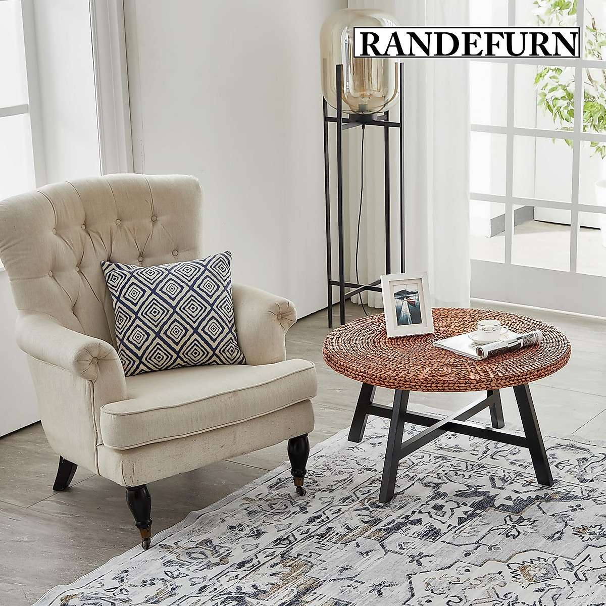 RANDEFURN Round Coffee Table, Seagrass Coffee Solid Pine Wood X Base Frame Cocktail Table, Easy Assembled, Multiple Sizes for Living Room, 32 x 17 Inches,Gold