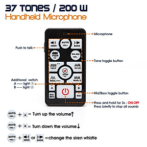 BooYu 12V 200W 37 Tones Police Warning Emergency Siren PA System [Slim Speaker Horn][135dB][Handheld Microphone][Hands-Free][2 x 10A Switches] for Firefighter Ambulance Vehicles Truck Car SUV ATV UTV