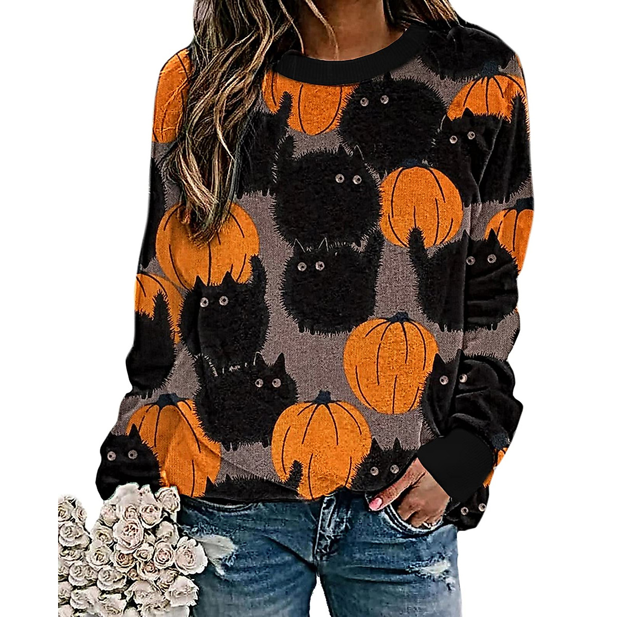 Halloween Womens Sweatshirt Printed Pumpkins - Cats Floral Print Round Neck Comfy Shirt Brown L