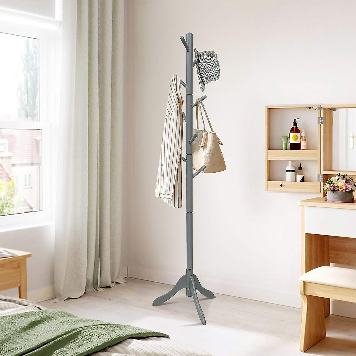 Tangkula Wooden Tree Coat Rack Freestanding, Entryway Coat Stand with 8 Hooks, Height Adjustable Coat Tree, Coat Hanger Stand for Home Office Hall Entryway