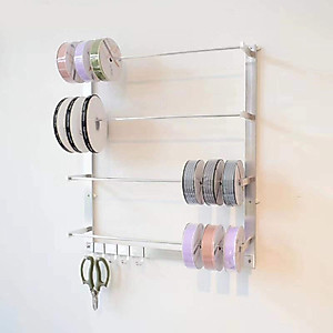 harayaa Wire Spool Rack with 4 Rods, Wall-Mounted Steel Thread Holder Ribbons Organizer with Hanging Tools for Organize Sewing Embroidery Thread, Silver, 60x53cm