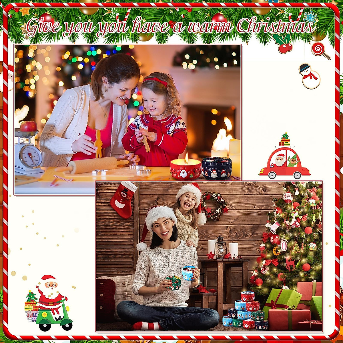 Mumufy 24 Pcs Christmas Cookie Tins 8 Styles Candy Tinplate Retro Tins Candle Tin Storage Containers Metal Cookie Jars Round Nesting Containers for DIY Candles, Dry Storage, Spices, Tea, Candy