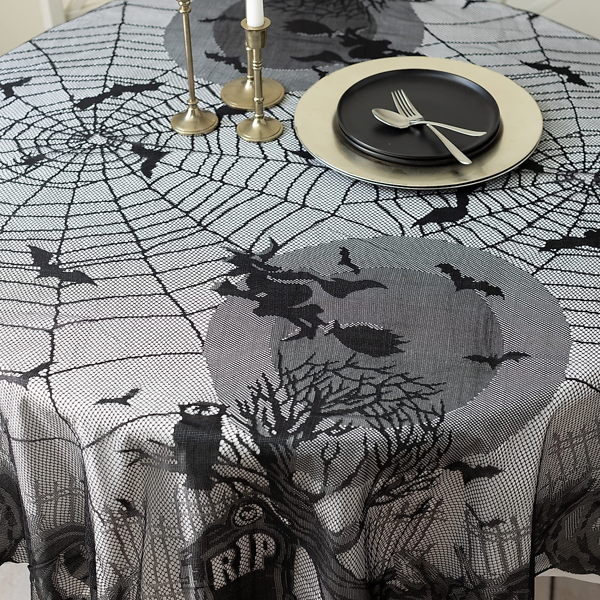 Benson Mills Spooky Spirits Web Lace Fabric Halloween Tablecloth, Halloween Table Cloth (Black, 70" Round)