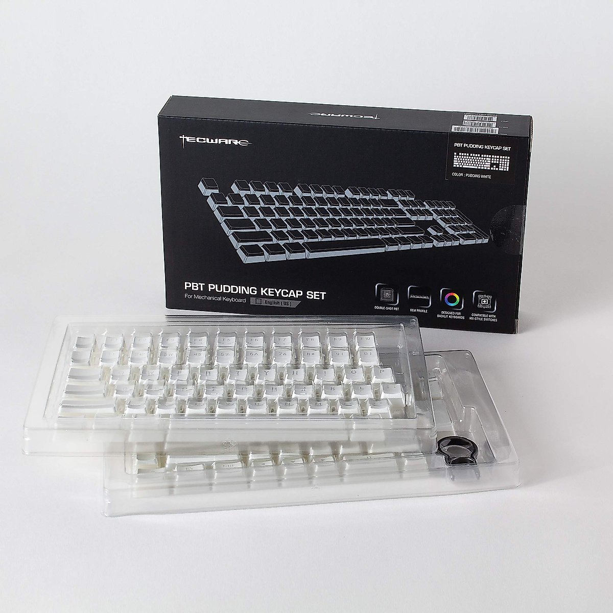 TECWARE Pudding PBT Keycaps Set with Keycap Puller - Full Keys 112 Keys, Double-Shot for Mechanical Keyboards, OEM Profile, Clear and White Jelly-Style Gaming Keycaps, for Phantom Phantom+ (US, ANSI)