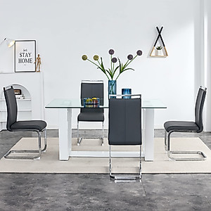 LKTART 63'' Tempered Glass Tabletop Industrial Rectangular Conference Table Dining Table with Black Leg Metal Frame(White)