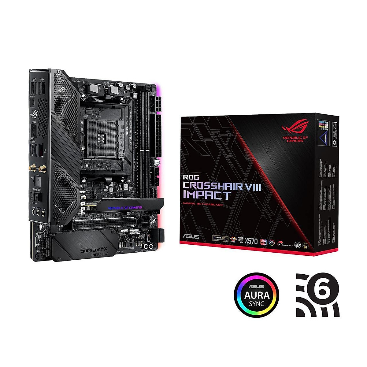 Asus ROG (X570) Crosshair VIII Impact, AMD, AM4, Ryzen 3000, (Mini-DTX) SFF Gaming Motherboard with PCIe 4.0, On-board Wifi 6 (802.11Ax), Intel LAN, SATA 6GB/s, USB 3.2 Gen 2, SO-DIMM.2 and Aura Sync