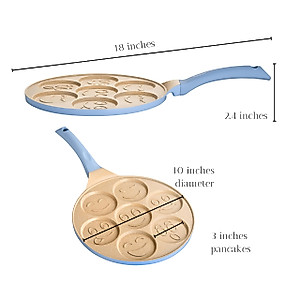Erreke Nonstick Pancake Pan, 7 Smiley Face Pancake Griddle, Soft Touch Handle Fun Breakfast for Kids, 10.2 in Crepe Pan for Gas Stoves (Blue Color)