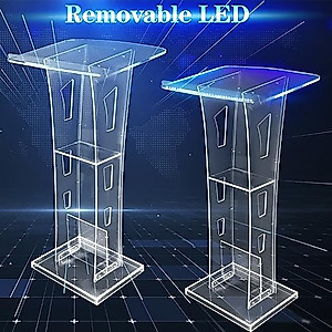 Acrylic Podium Stand with Led Light, Clear Podium with Storage Shelf, Portable Lecterns Pulpit for Church Wedding Classroom Conference Floor Standing Style, Slanted Top