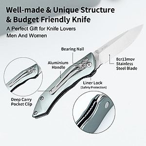 Vickay Pocket Knife for Men Pocket Folding Knives 2.95" 8Cr13MoV Steel Blade, Aluminum Handle, Liner Lock Knife with Clip, EDC Knife for Outdoor Camping, Fishing, Hunting, Tactical Gift (Silver)