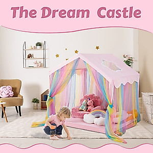 MOOZHEALTH Princess Rainbow Kids Play Tent -Large Castle Playhouse for Girls,Indoor & Outdoor Toddlers Play Tent,Reading Nook Imaginative Games,54x37x52