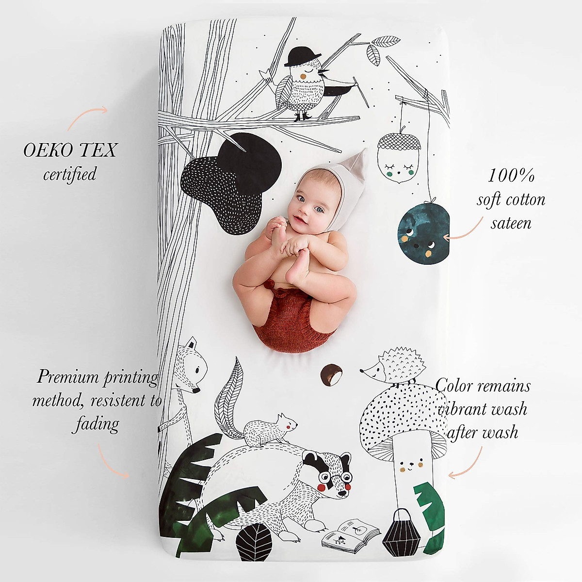 Rookie Humans 100% Cotton Sateen Fitted Crib Sheet: Woodland Dreams. Modern Nursery, Use as a Photo Background for Your Baby Pictures. Standard Crib Size (52 x 28 inches) (Black White)
