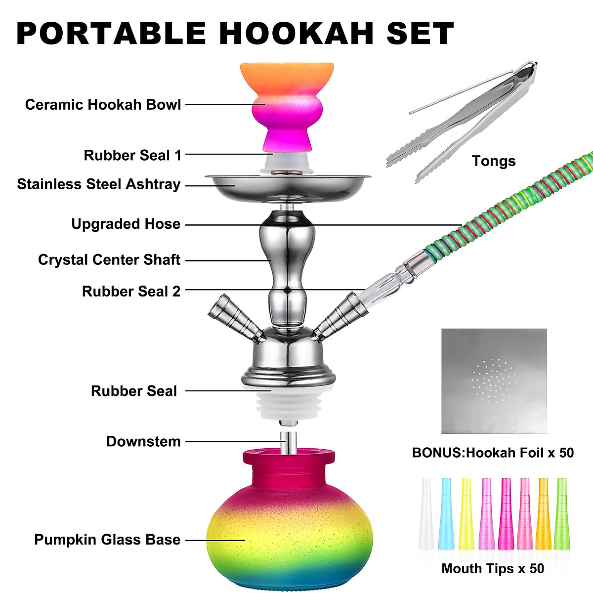 2 Hose Hookah Set 11'' Small Shisha Hookah Set With Mini Pumpkin Glass Vase, Ceramic Bowl, Leather Hose, Coal Tong, Hookah Foil, Disposable Tips (Colorful)