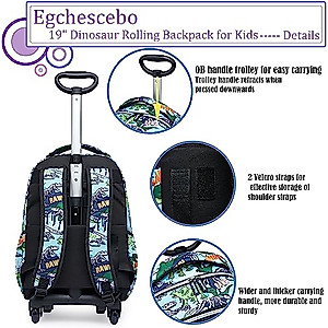 Egchescebo Kids Dinosaurs Rolling Backpack for Boys Suitcases Backpacks 18" 3PCS Travel Luggage Roller Backpacks Wheels with Lunch Box Pencil Case for Elementary School Bag With O-Handle Trolley Bags