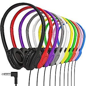 Maeline Bulk Classroom Student Headphones On Ear Stereo Headphones Adjustable Band & Faux Leather Cushions for Kids Online Learning, Library, School, Airplane, Travel - 3.5mm Plug - 10 Pack - Multi