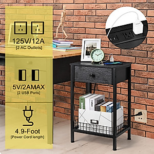 MOOACE Nightstand with Charging Station, Tall End Table with Drawer and Mesh Basket Storage Rustic Bedside Table for Bedroom,Living Room,Small Spaces - Black