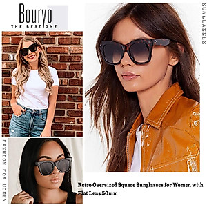 Bouryo Retro Oversized Square Sunglasses for Women Flat Lens Sun Glasses Gradient Shades UV400 (Black+Leopard)