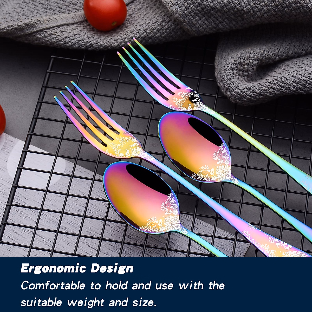 24-Piece Rainbow Spoons and Forks Silverware Set for 12, LaienLife Unique Stainless Steel Flatware Set of Forks Spoons, Modern Utensils Cutlery Service for Home Kitchen Restaurant, Mirror Polished