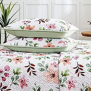 WRENSONGE Quilts Queen Size, 3 Pieces Pink Flower Reversible Quilt Bedding Sets, Soft Lightweight Microfiber Floral Pattern Printed Bedspread Coverlet for Bed, Couch, Blanket All Season 90"*94"
