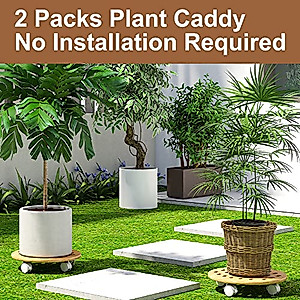 FILWH Plant Caddy 13 Inch Bamboo Plant Stand Indoor Outdoor 2 Pack Plant Pulley with 360° Lockable Caster Wheels Flower Pot Plant Shelf Corner Display Rack for Balcony Garden Patio(Natural)