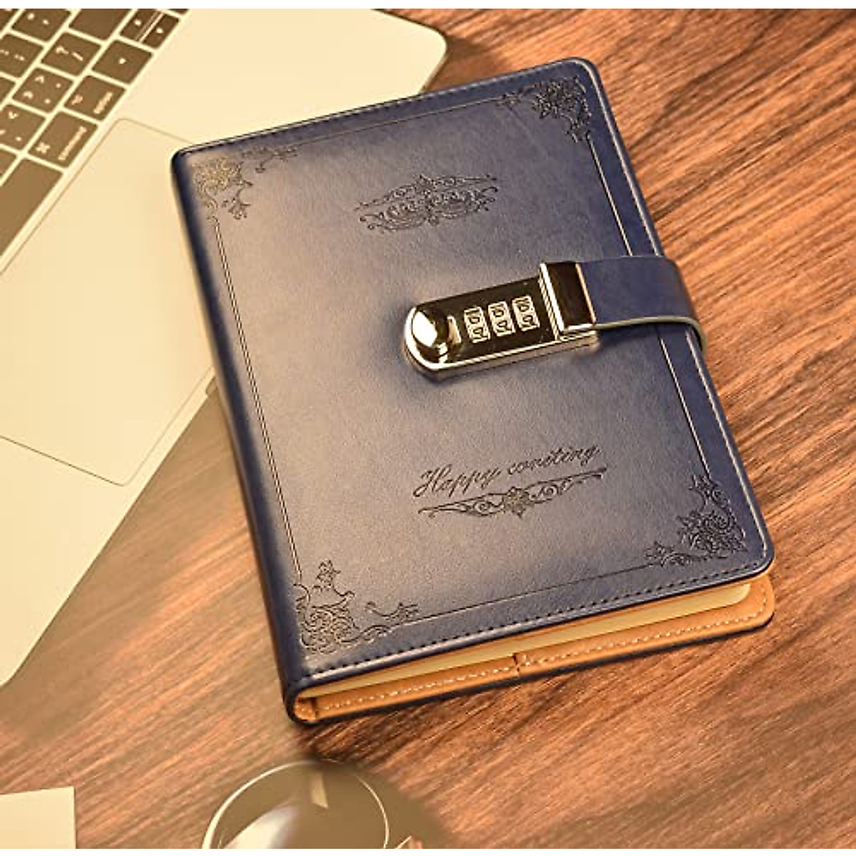 JunShop Digital Password Journal with Lock Retro Privacy Diary with Combination Lock Leather Binder Notebook Locking Journal Diary(Blue)