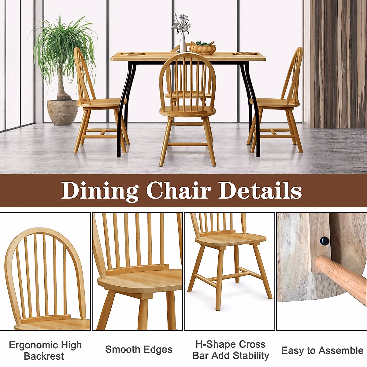 Giantex Wood Dining Chairs Set of 2, Windsor Chairs with Solid Wood Legs, High Spindle Back, H-Shaped Crossbars, Vintage Country Farmhouse Style Wooden Side Chairs