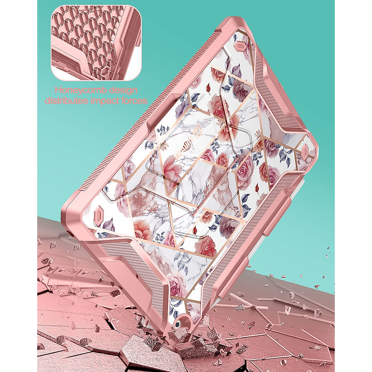 SURITCH for iPad 9th/8th/7th Generation Case 10.2-inch, Built in Screen Protector Pencil Holder Shockproof Rugged Full Body Protection Case with Kickstand for iPad 2021/2020/2019 - Rose Marble