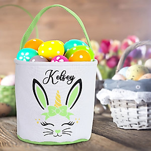 XJone Personalized Custom Easter Buny Baskets for Boys Girls with Name Customized Canvas Cotton Egg Tote Gift Bags