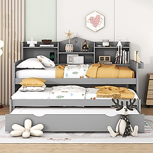Flieks Wooden Daybed, Twin XL Bed Frame with 2 Twin Trundles, Storage Shelf, and USB Charging Ports, Wood Slat Support, No Box Spring Needed, Easy Assembly, Grey