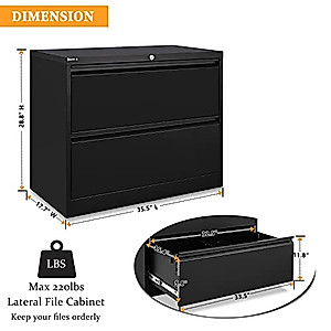 Bonnlo Classic Black 2 Drawer File Cabinets for Home Office, Metal Lockable File Cabinet for Letter/Legal Size File Folders, Wide Lateral File Cabinet and Printer Stand, Simple Assembly Required