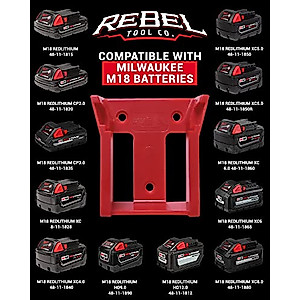 RebelToolCo Battery Holder Wall Mount (6 Pack) Battery Holder Mounts. Compatible with M18 Milwaukee Cordless Batteries. Tool Holder Storage Organizer for Battery, Accessories, & Tool Organization.