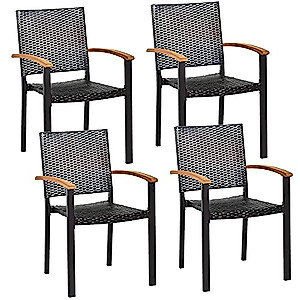 RELAX4LIFE Patio Rattan Dining Chairs Set Wicker Chairs with Steel Frame, Acacia-Covered Armrests Fire Pit Chairs for Porch, Poolside, Balcony, Lawn Indoor&Outdoor Furniture Armrest Chairs Set (4)
