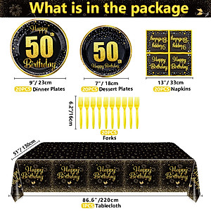Hegbolke 50th Birthday Decorations for Women and Men - 81 Pcs Plates Napkins 50th Tablecloth Forks Set Black and Gold Party Decorations Serve 20