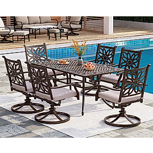 PHI VILLA Cast Aluminum Patio Dining Set for 6 Person, 7 Piece Outdoor Patio Set with 63" x 37.4" Cast-Top Aluminum Table(2.3" Umbrella Hole) and 6 Swivel Rockers Dining Chairs with Cushions