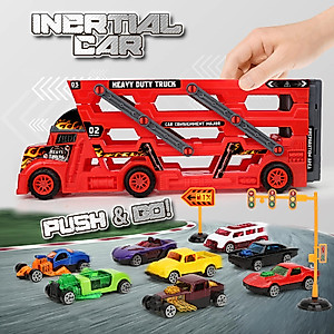 Aoskie Transport Carrier Truck Car Toy with Mini Cars and Road Signs, Hauler Launch Vehicles Play Set Gifts Games for Kids Ages 3-5 Years Old