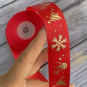 CUISANHOUSE 25Y Christmas Ribbon Satin, 1 inch Wide Printed Ribbons with Golden Christmas Tree Snowman Snowflakes, Merry Christmas Ribbon for Kids Gift Packaging Wrapping Craft Decoration (Red)