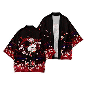 Mens Japanese Kimono Coat Suits Loose Open Front Seven Sleeve Kimono Cardigan Jacket with Shorts Plus Size(Red,Medium)