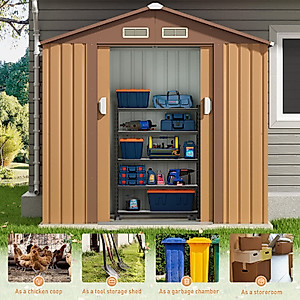 HOGYME 7' x 4.2' Metal Outdoor Storage Shed, Galvanized Steel Garden Shed & Outdoor Storage Suitable for Lawn Mower Bike, Backyard Tool Shed with Lockable/Sliding Door and Stable Base, 4 Vents, Coffee