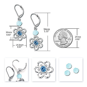 Dangle Flower Earrings for Women, White Gold Plated Drop Earrings with Blue Cubic Zirconia