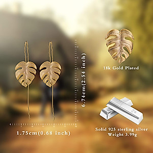 Lotus Fun 14K Yellow Gold Plated S925 Sterling Silver Drop Earrings Monstera Leaves Dangle Earrings, Handmade Unique Jewelry Gifts for Women (Gold)
