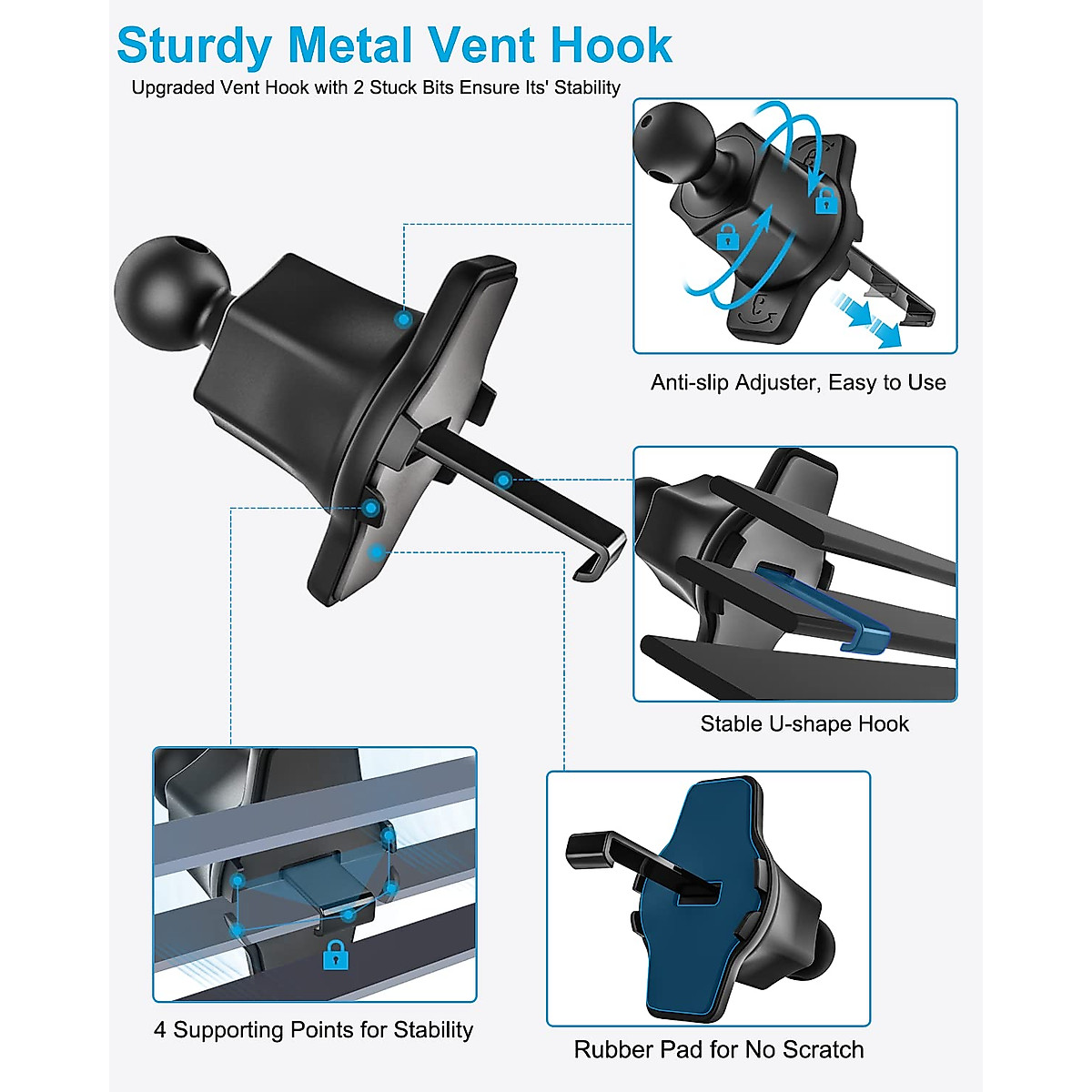 woleyi Car Vent Tablet Mount, Air Vent Clip Tablet Holder for Car with Adjustable Metal Hook Clamp, Compatible with iPad Pro/Air/Mini, Galaxy Tabs/Z Fold, iPhone, More 4.7-13" Cell Phones and Tablets