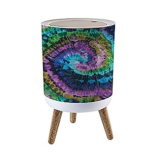 Small Trash Can with Lid Black Tie Dye Swirl Paint Brush Colored Tie Dye Multi Swirl Spiral Garbage Bin Wood Waste Bin Press Cover Round Wastebasket for Bathroom Bedroom Diaper Office Kitchen
