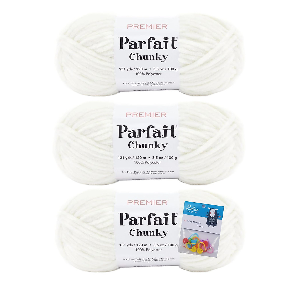 Premier Yarns Parfait Chunky Chenille Yarn 3.5 Oz 6 Super Bulky Weight 3 Pack Bundle with Bella's Crafts Stitch Markers (Cream)