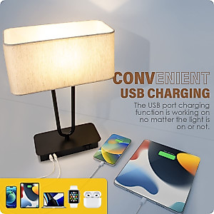 Yarra-Decor Bedside Touch Control Table Lamp Nightstand Lamp with USB A+C Charging Ports & AC Outlet 3-Way Dimmable Desk Lamp with Fabric Shade for Bedroom Living Room(Bulb Included)