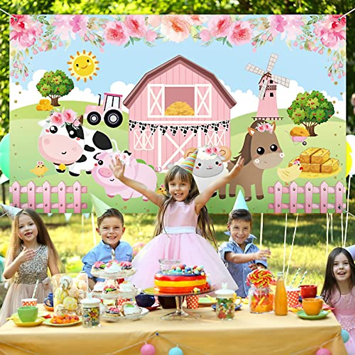 Farm Animals Theme Party Decorations, Pink Flowers Floral Barn Backdrop Banner for Grass Children Birthday Party Supplies, Farm Animals Scenic Background Photo Booth Banner, 72.8 x 43.3 Inch