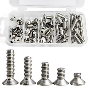 M5 x 8mm 12mm 16mm 20mm 25mm Flat Head Hex Socket Cap Screws Countersunk Bolts, 304 Stainless Steel, Fully Threaded, Bright Finish, Metric Allen Hex Drive, Assortment Kit 50PCS