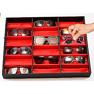 Home-X 18-Slot Standing Glasses Organizer, Glasses Holder, Commercial Sunglasses and Eyewear Display, Collectables Storage Box, Travel Display Case, 18 ¾" L x 15" W x 2 ¼" H, Red